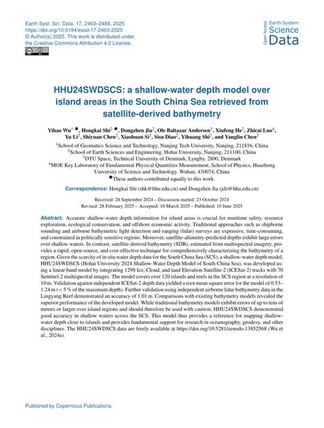 Pdf Hhu24swdscs A Shallow Water Depth Model Over Island Areas In The South China Sea