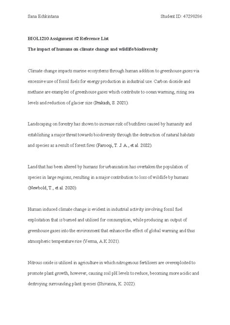 Biol1210 Reference List Assignment Biol1210 Assignment 2 Reference