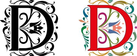 꽃 대문자 D 실루엣 알파벳입니다 중세 르네상스 팬시 모노그램 이니셜 블랙 프리미엄 벡터