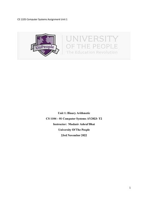 Cs 1104 Written Assignment Unit 2 Unit 1 Binary Arithmetic Cs 1104