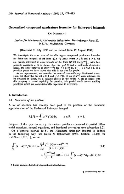 Pdf Generalized Compound Quadrature Formulae For Finite Part Integrals