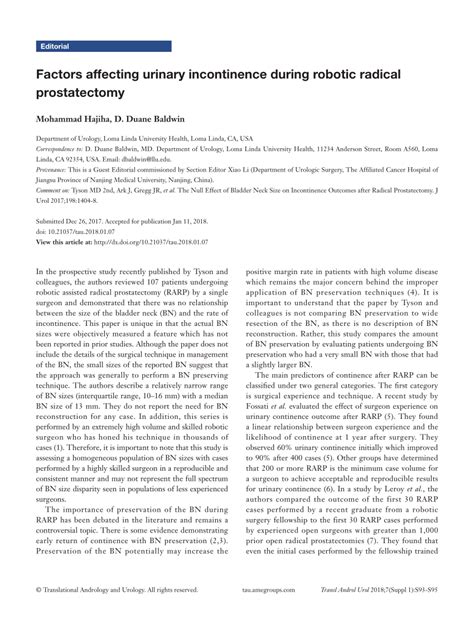 Pdf Factors Affecting Urinary Incontinence During Robotic Radical