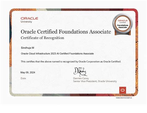 Oraclecertified Cloudinfrastructure Al Professional Certification M Sindhuja