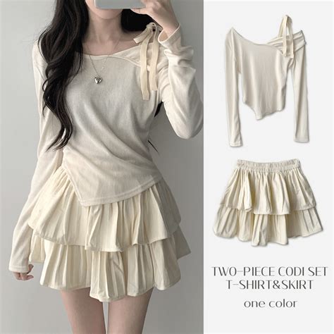 코디세트발레코어🤍 크림 리본 언발 골지 티셔츠벨벳 밴딩 플리츠 캉캉 스커트 투피스 코디세트 에이블리