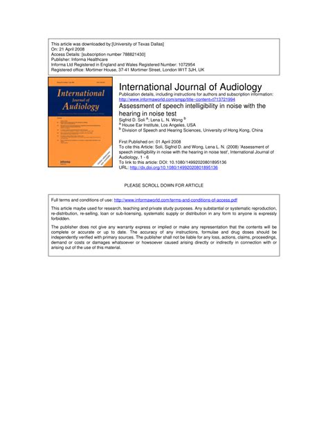 Pdf Assessment Of Speech Intelligibility In Noise With The Hearing In Noise Test