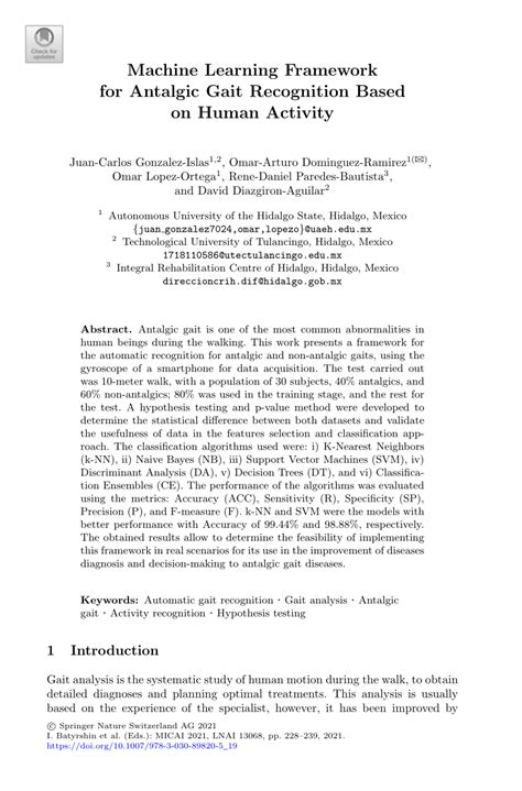 Pdf Machine Learning Framework For Antalgic Gait Recognition Based On