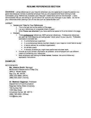 Fillable Online Svsu RESUME REFERENCES SECTION Fax Email Print PdfFiller