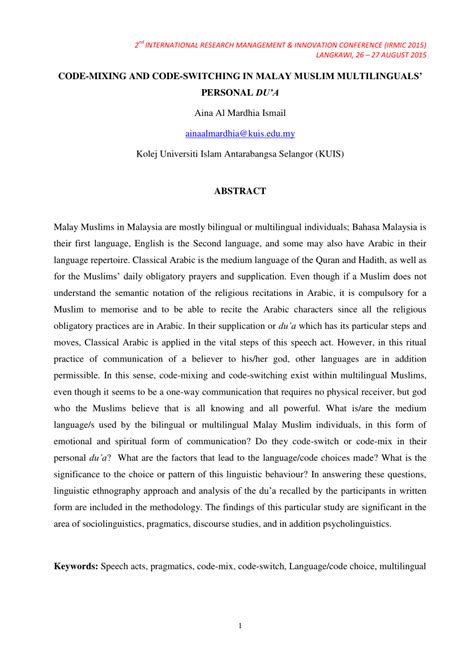Pdf Code Mixing And Code Switching In Malay Muslim Multilinguals Personal Dua