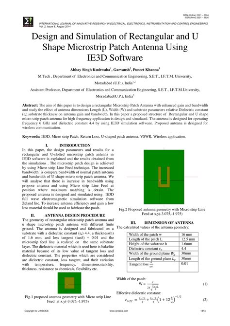 Pdf Design And Simulation Of Rectangular And U Shape Microstrip Patch Antenna Using Ie3d Software