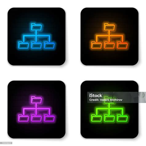 빛나는 네온 폴더 트리 아이콘 흰색 배경에 고립 컴퓨터 네트워크 파일 폴더 구성 순서도 검은색 사각형 단추입니다 벡터 일러스트