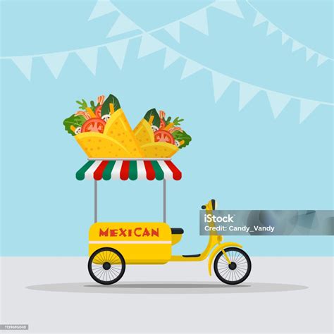 멕시코 음식 식사 빠른 배달 서비스 또는 여름 음식 축제에 대 한 식품 트럭 로고 타입 멕시코 음식 타코와 부리토와 트럭 밴 벡터 일러스트입니다 멕시코 음식에 대한 스톡