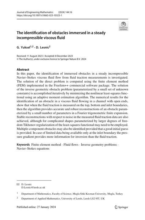 Pdf The Identification Of Obstacles Immersed In A Steady Incompressible Viscous Fluid