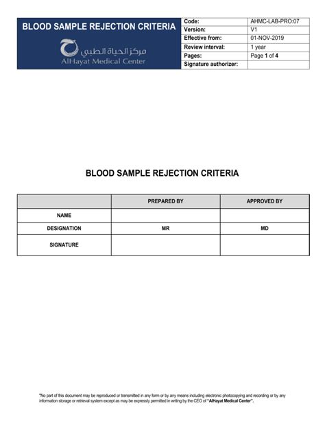 Blood Sample Rejection Criteria AHMC