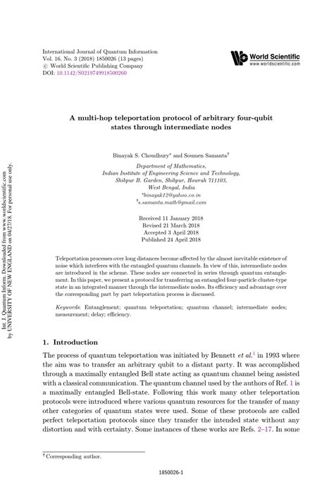Pdf A Multi Hop Teleportation Protocol Of Arbitrary Four Qubit States Through Intermediate Nodes