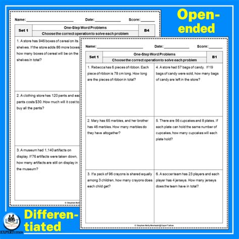 One Step Word Problems Worksheets Set 1 ExperTuition