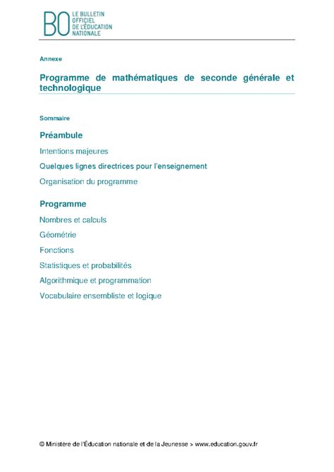 2nde Math Programme De Maths Seconde Annexe Programme De Mathématiques De Seconde Générale