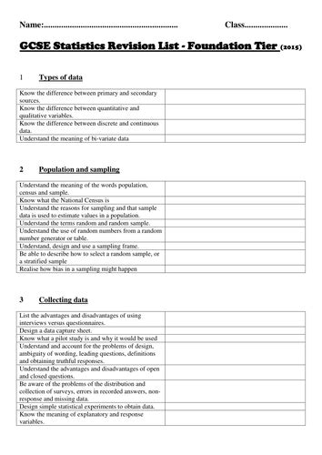Revision Lists For Gcse Statistics Foundation And Higher By Themathsmagpie Teaching