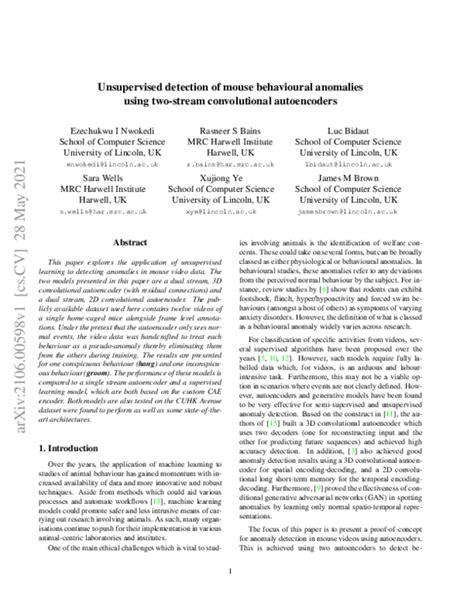 Pdf Unsupervised Detection Of Mouse Behavioural Anomalies Using Two Stream Convolutional