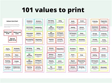 Personal Values Card Exercise 101 Values Card To Print Core Values