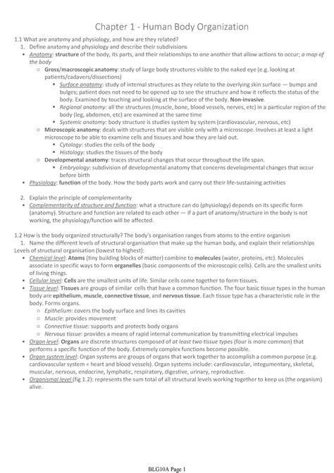Chapter 1 Human Body Organization Define Anatomy And Physiology And