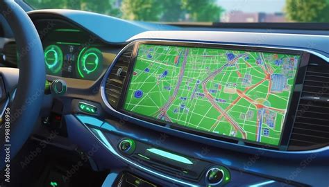 A Detailed Car Dashboard Featuring A Large Navigation Screen Displaying