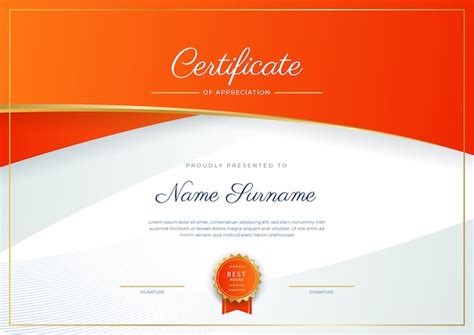 수상 비즈니스 및 교육 요구 사항을 위해 고급 배지와 현대적인 라인 패턴이 있는 파란색 주황색 및 금색 성취 테두리 템플릿 인증서 프리미엄 벡터
