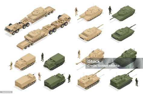 아이소메트릭 군사 전쟁 세트 다중 발사 로켓 시스템 장갑 자체 추진 다중 로켓 발사기 미사일 디젤 엔진 구동 군용 트럭 포병 트랙터 및 흰색으로 격리된 탱크 등측투영법에