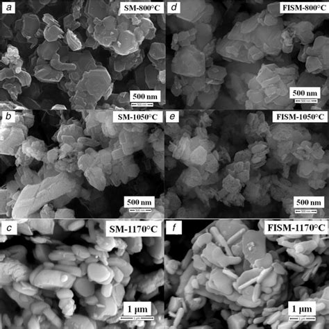 sem images a c calcined sm at different temperatures d f fism at