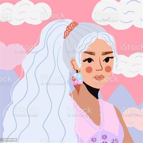 구름 현대 플랫 스타일의 배경에 아름다운 귀여운 금발 여자의 초상화 아이스크림 귀걸이를 가진 귀여운 소녀 벡터 일러스트레이션 개념에 대한 스톡 벡터 아트 및 기타 이미지