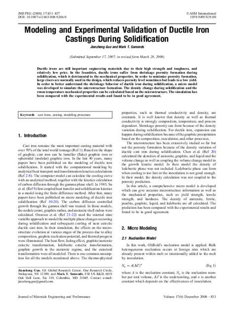 Pdf Modeling And Experimental Validation Of Ductile Iron Castings During Solidification