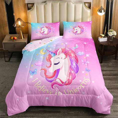 Erosebridal Unicorn Bedding Sets Full Pink Buttefly Girl Colorful