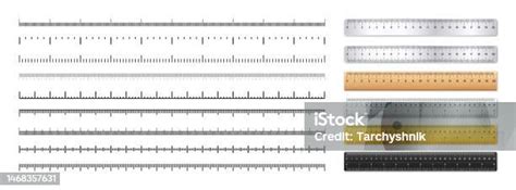 현실적인 금속 및 플라스틱 통치자 측정 척도는 나눗셈으로 표시됩니다 길이 또는 높이를 센티미터 인치 단위로 측정하기위한 스케일 눈금자 줄자 표시 크기 표시기 벡터 그림