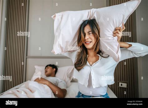 Selective Focus Young Pretty Woman Has Problem Form Her Husband Snoring
