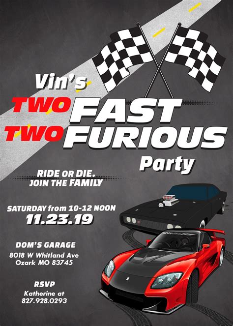 Editable Race Car Two Fast Two Furious Birthday Invitation Editable