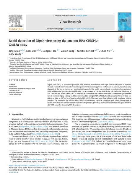 Pdf Rapid Detection Of Nipah Virus Using The One Pot Rpa Crispr