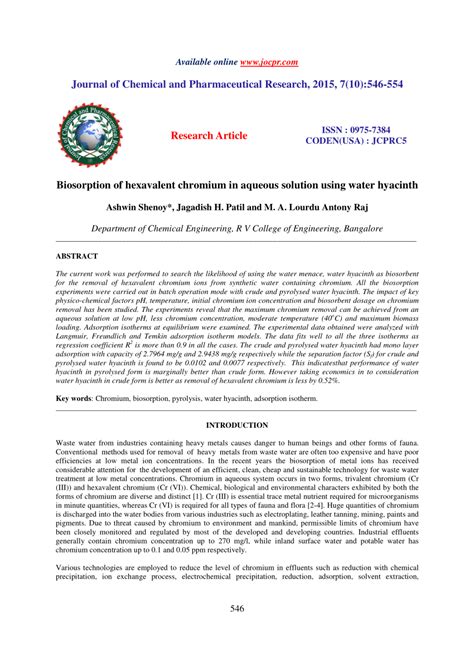 Pdf Biosorption Of Hexavalent Chromium In Aqueous Solution Using Water Hyacinth
