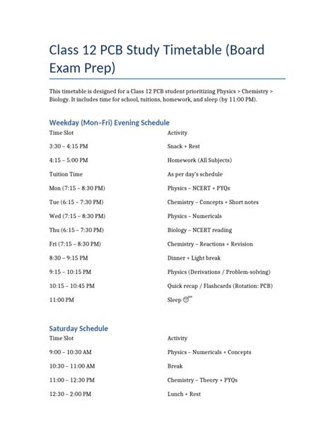 Class 12 Pcb Study Timetable Pdf Physical Sciences Natural Sciences