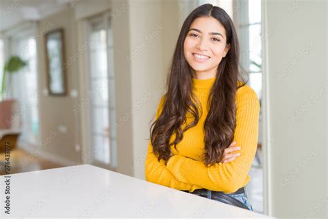 Beautiful Brunette Woman Smiling Cheerful With Big Smile Looking Positive And Happy With