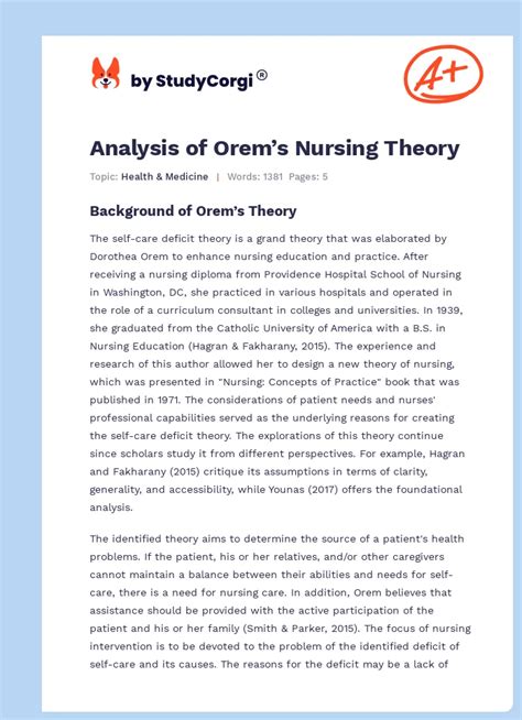 Orems Nursing Theory Analysis Free Essay Example