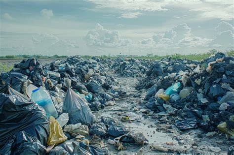 A Vast Garbage Dump Site Overwhelmed With Heaps Of Black Plastic Bags