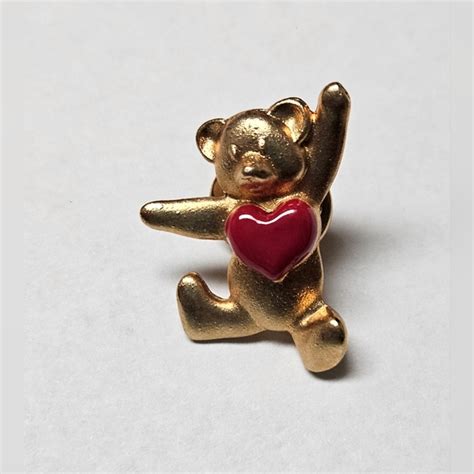 Jewelry Vintage Teddy Bear Lapel Pin Brooch Tie Tac Red Heart Enamel