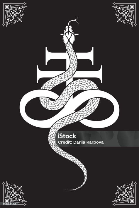 리바이어던 크로스 위의 뱀 유황 라인 아트와 도트 워크의 연금술 상징 보헤미안 세련된 문신 포스터 태피스트리 또는 제단 베일 프린트 디자인 벡터 일러스트레이션 0명에 대한