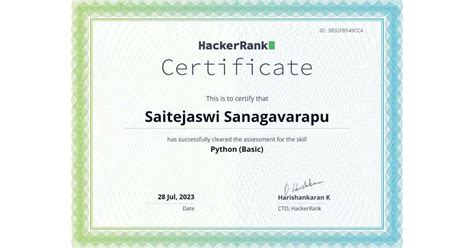 Hackerrankcertified Pythonbasics Codingskills Continuouslearning Sai Tejaswi Sanagavarapu