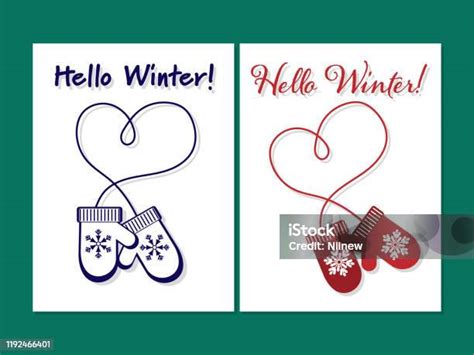 흰색 배경에 평면 디자인과 안녕하세요 겨울 텍스트두꺼운 따뜻한 겨울 장갑의 집합입니다 크리스마스와 새해 인사말 배너디자인 벡터 그림입니다 12월에 대한 스톡 벡터 아트 및