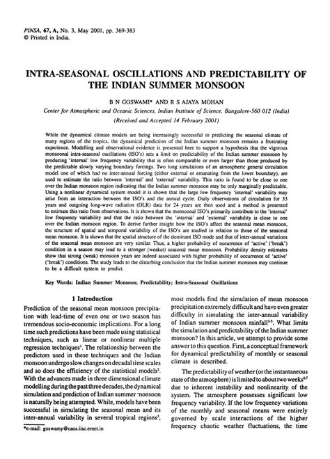 Pdf Intraseasonal Oscillations And Predictability Of The Indian Summer Monsoon