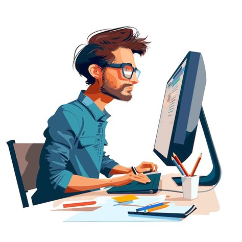 Premium Vector Attractive Man Graphic Designer Working At Computer