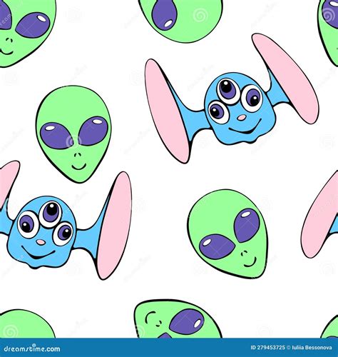 Seamless Pattern With Funny Aliens Heads In Doodle Flat Style