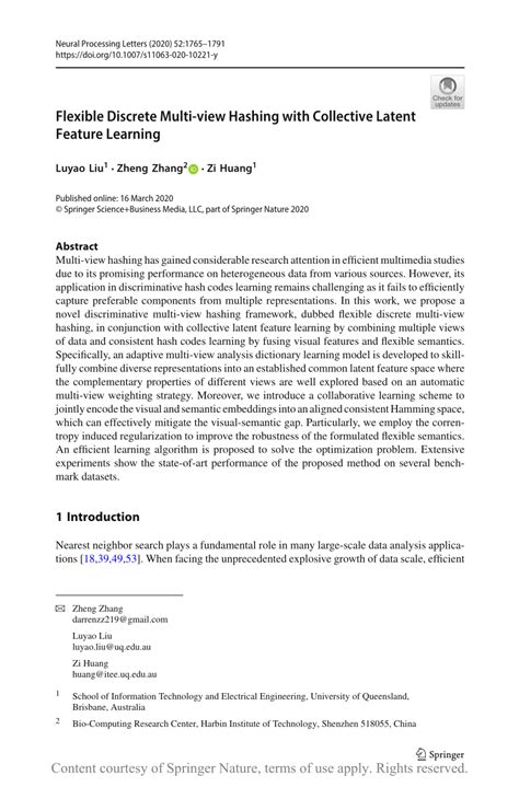 Flexible Discrete Multi View Hashing With Collective Latent Feature Learning Request Pdf