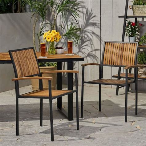 Teakandblack Wood And Metal Outdoor Dining Chair All Weather Patio Lounge