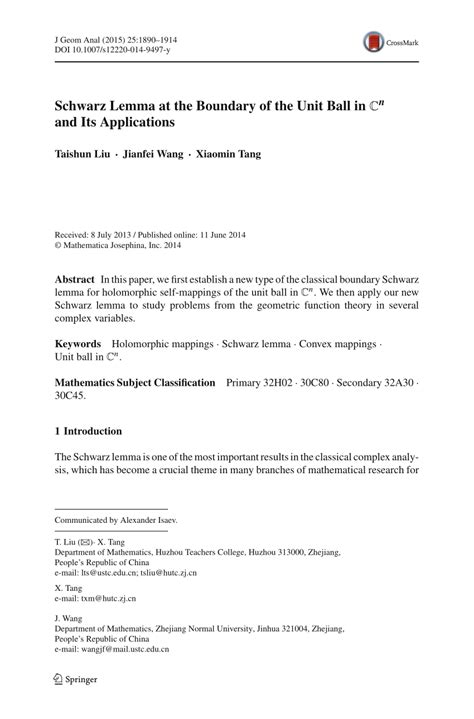 Pdf Schwarz Lemma At The Boundary Of The Unit Ball In Cnand Its Applications